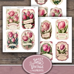 Vintage Pink Tulips Ephemera Tags, Tulip Labels, Tulip Junk Journal ...