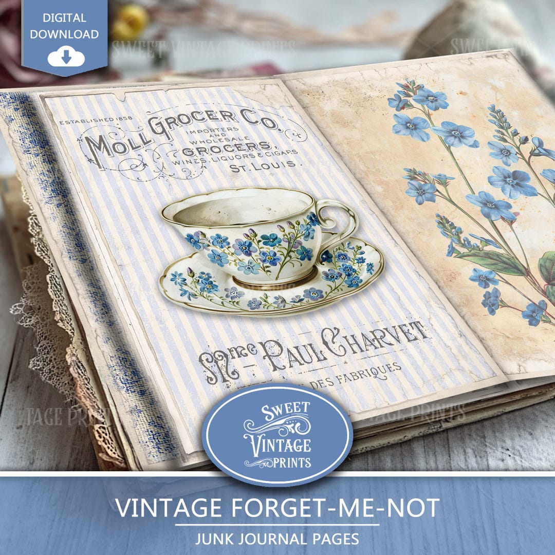 Forget-me-not Junk Journal Pages | Vintage Blue Digital Paper Pack ...