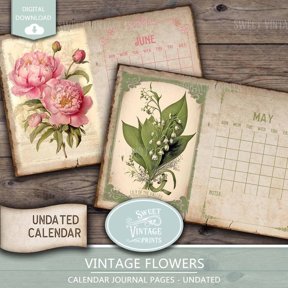 Printable Undated Calendar Junk Journal Pages | Regular Size Vintage ...