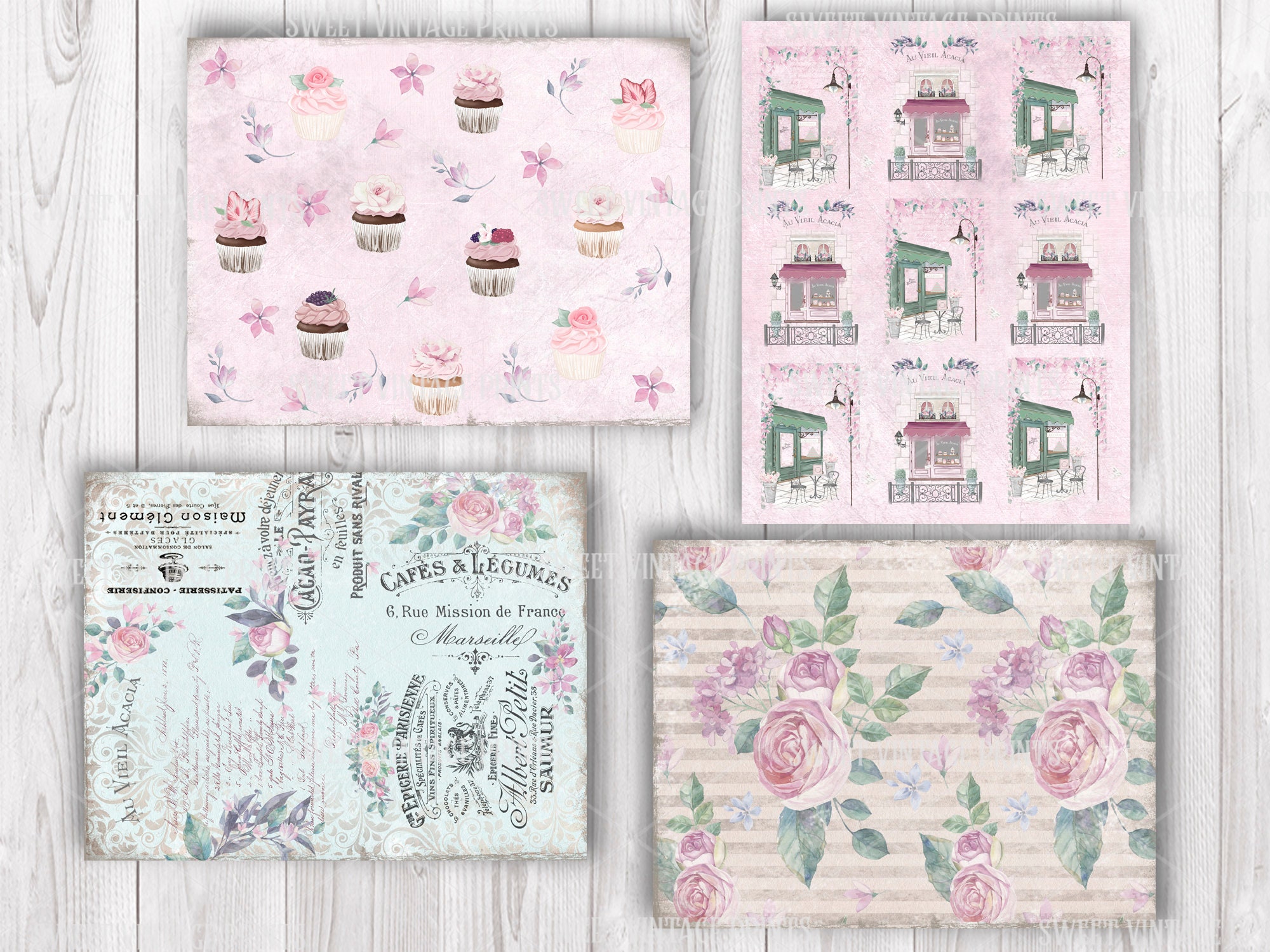 French Patisserie, Digital Paper Pack, Vintage, Tea Roses, Shabby Junk ...