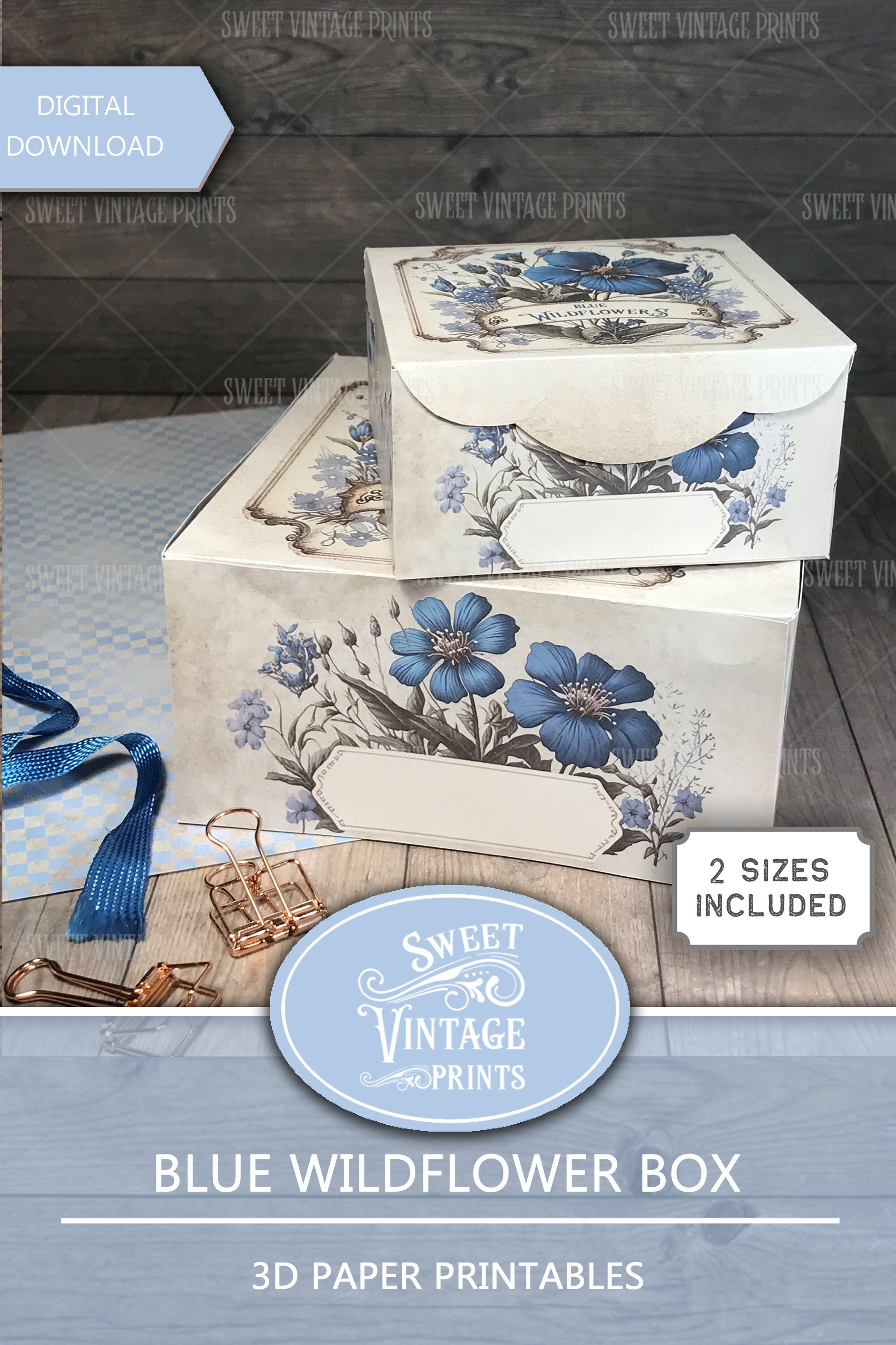 Printable Box, Vintage Flower Box, Blue Wildflower Box, Printable ...