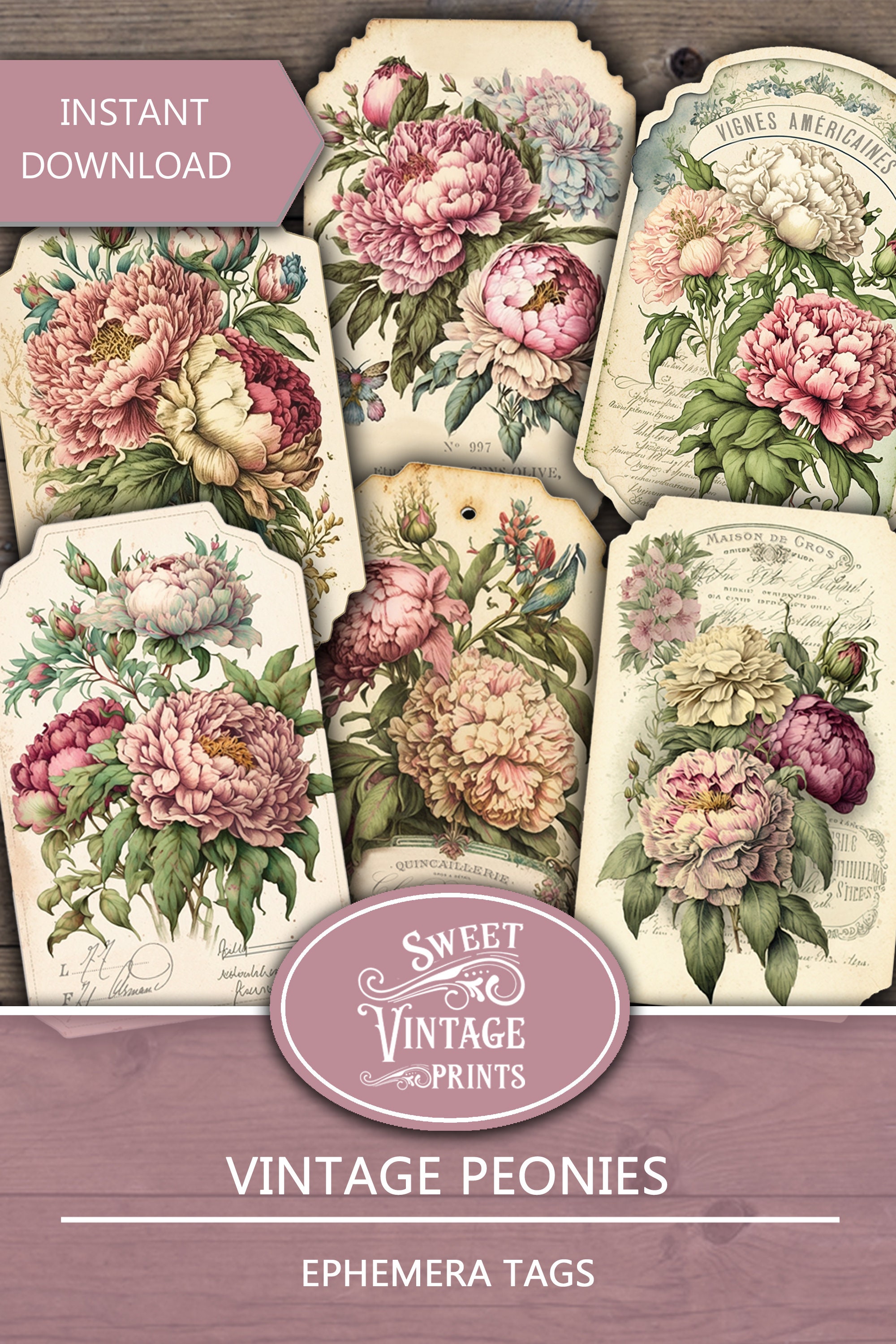 Vintage Peony Ephemera Tags, Peony Labels, Peonies Junk Journal, Peony ...