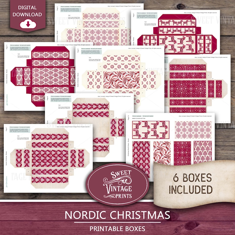 Printable Red Nordic Christmas Gift Box | DIY Holiday Craft Kit | Small ...