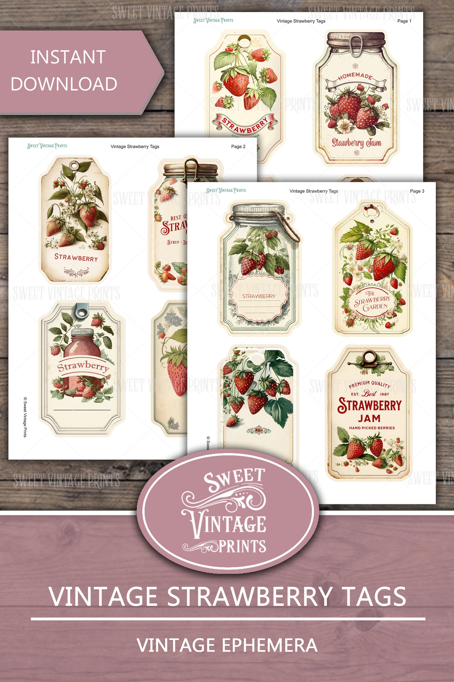 Vintage Strawberry Tags, Strawberry Jam Printable Labels, Strawberry ...