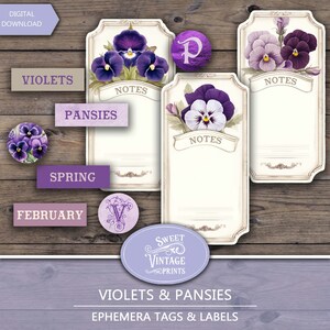 Violets Junk Journal Ephemera, Pansies Tags & Labels Printable, Vintage ...