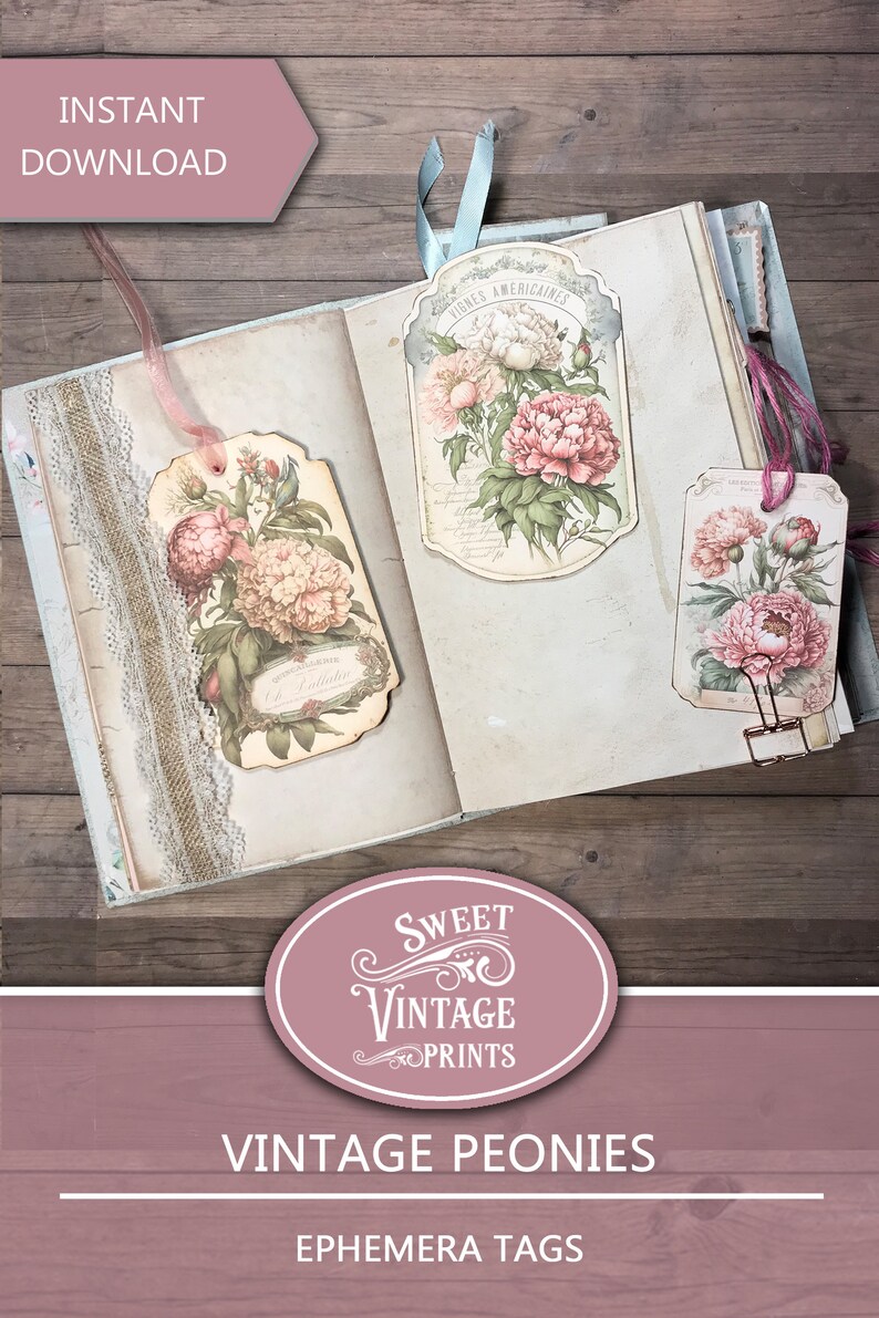 Vintage Peony Ephemera Tags, Peony Labels, Peonies Junk Journal, Peony ...