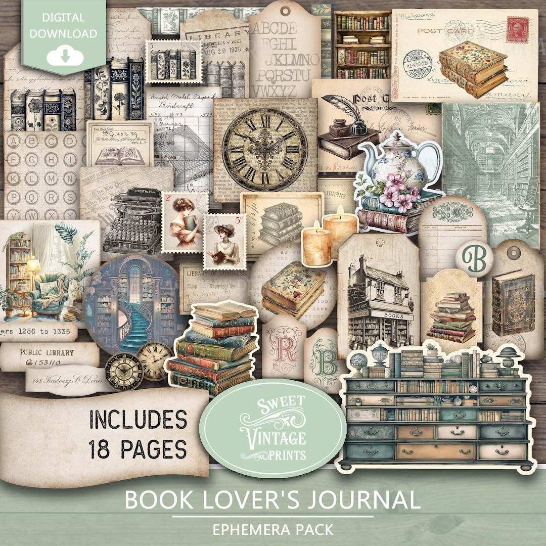Book Lovers Junk Journal Ephemera | Library Cards Printable Tags Labels ...