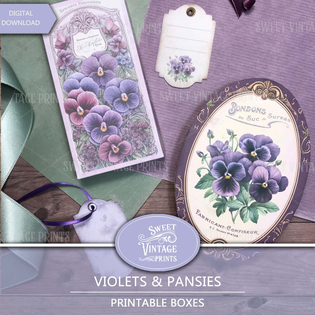 Printable Boxes Violets & Pansies, DIY Gift Box Set, Paper Box Digital ...