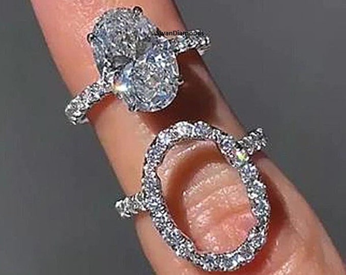 Unique Oval Cut Insert Wedding Ring Set Hidden Halo Ring Set, 14K Solid ...