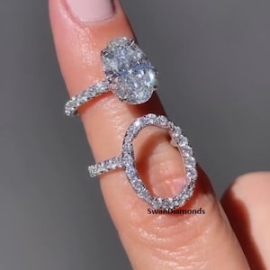 Unique Oval Cut Insert Wedding Ring Set Hidden Halo Ring Set, 14K Solid Gold Pave Setting Ring ...