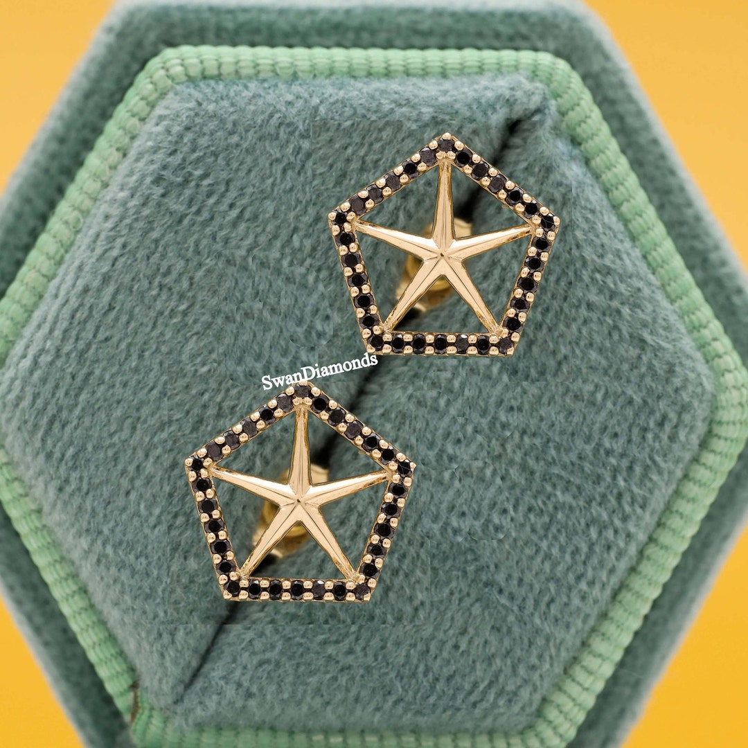 Star With Pentagon Shape Stud Earrings, Black CZ Diamond Earrings, 14K ...