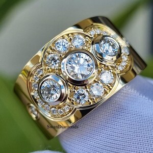 Three Stone Cluster Wedding Ring Fitted With Round Cut Moissanite ...