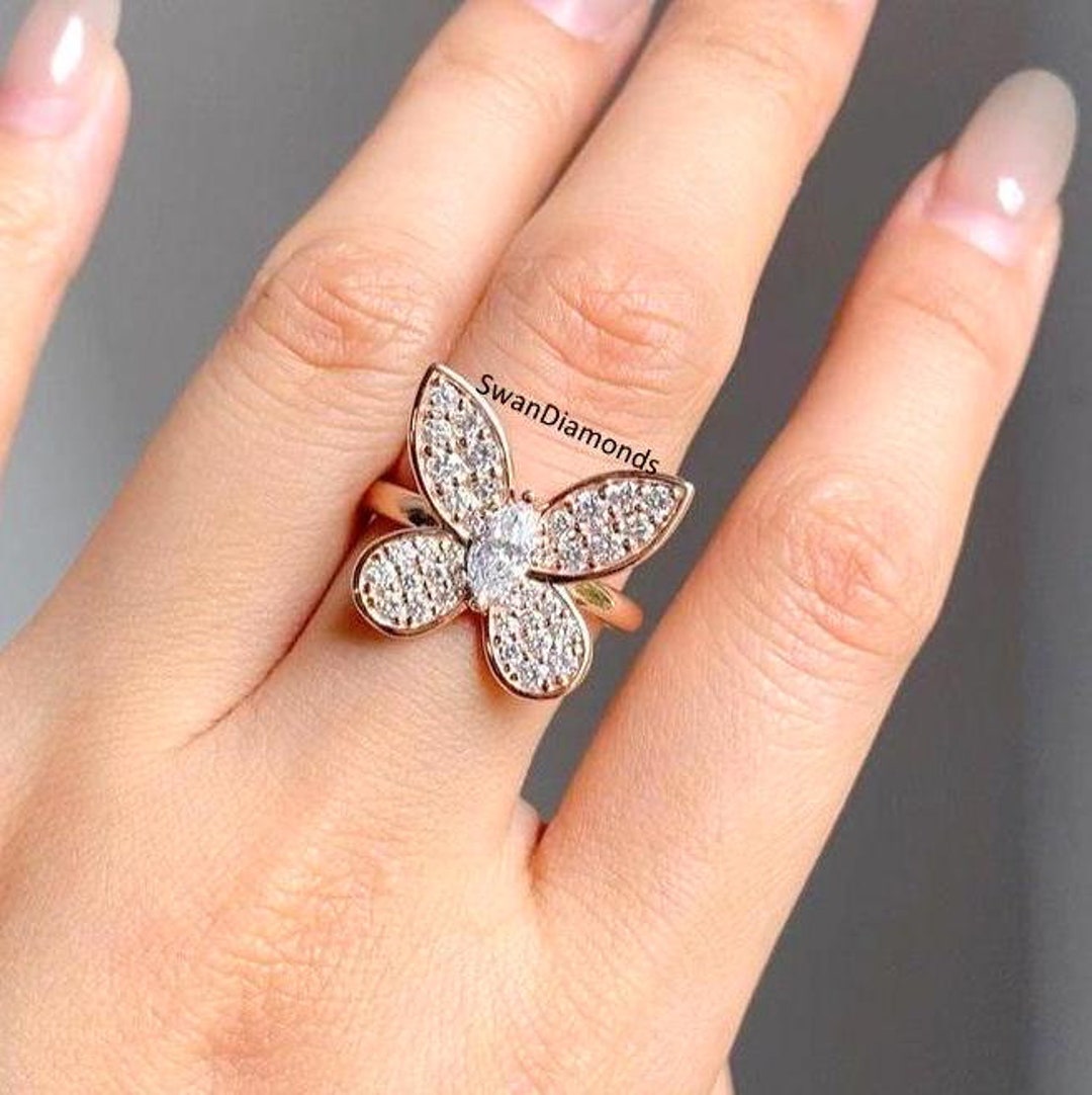Butterfly Shape Diamond Ring, Marquise & Round Cut Colorless Moissanite ...