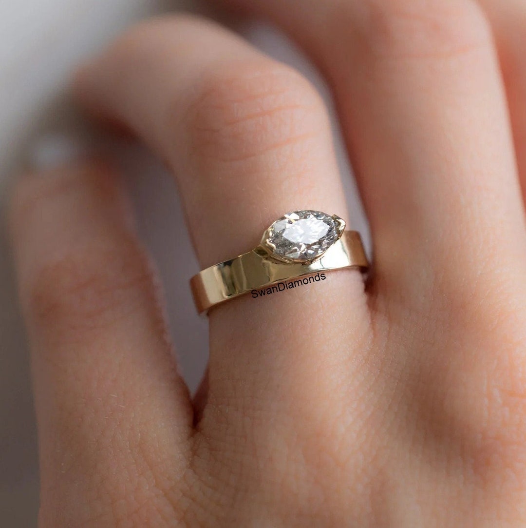 Solitaire Ring, 14K Solid Yellow Gold V Shape Prong Ring, 1.00ct 10x5mm ...