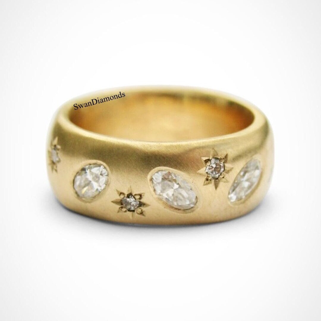 0.87 TCW Moissanite Wedding Band, Flush Set Oval Diamond and Starburst ...