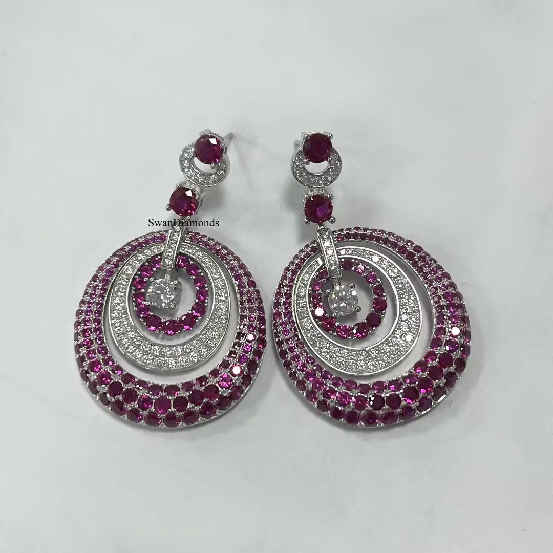 Pink Ruby Gemstone and Colorless Diamond Earrings, Dangle Drop Earrings ...