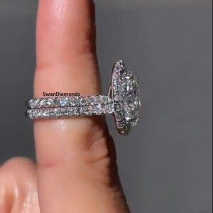 Unique Oval Cut Insert Wedding Ring Set Hidden Halo Ring Set, 14K Solid Gold Pave Setting Ring ...