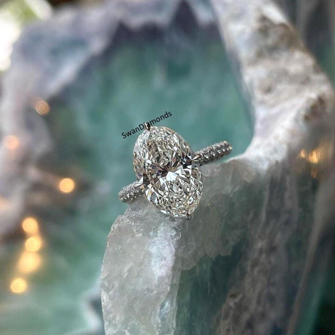 Compass Prong Set 6.05 Ct Oval Cut Colorless Moissanite Ring, 14K White ...