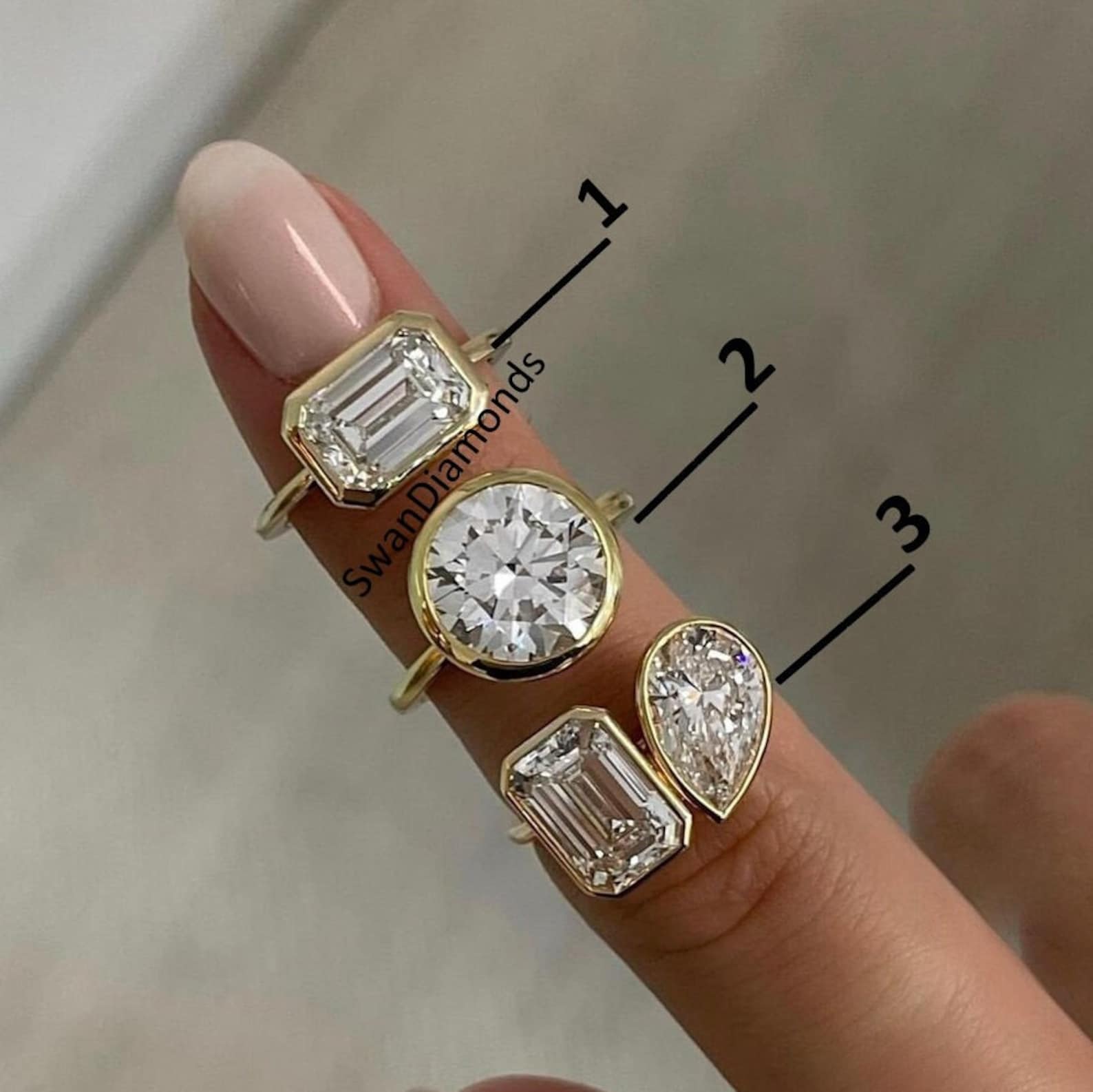 East to West Emerald Cut Moissanite Bezel Setting Ring, 10 MM Round ...