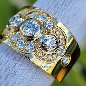 Three Stone Cluster Wedding Ring Fitted With Round Cut Moissanite ...