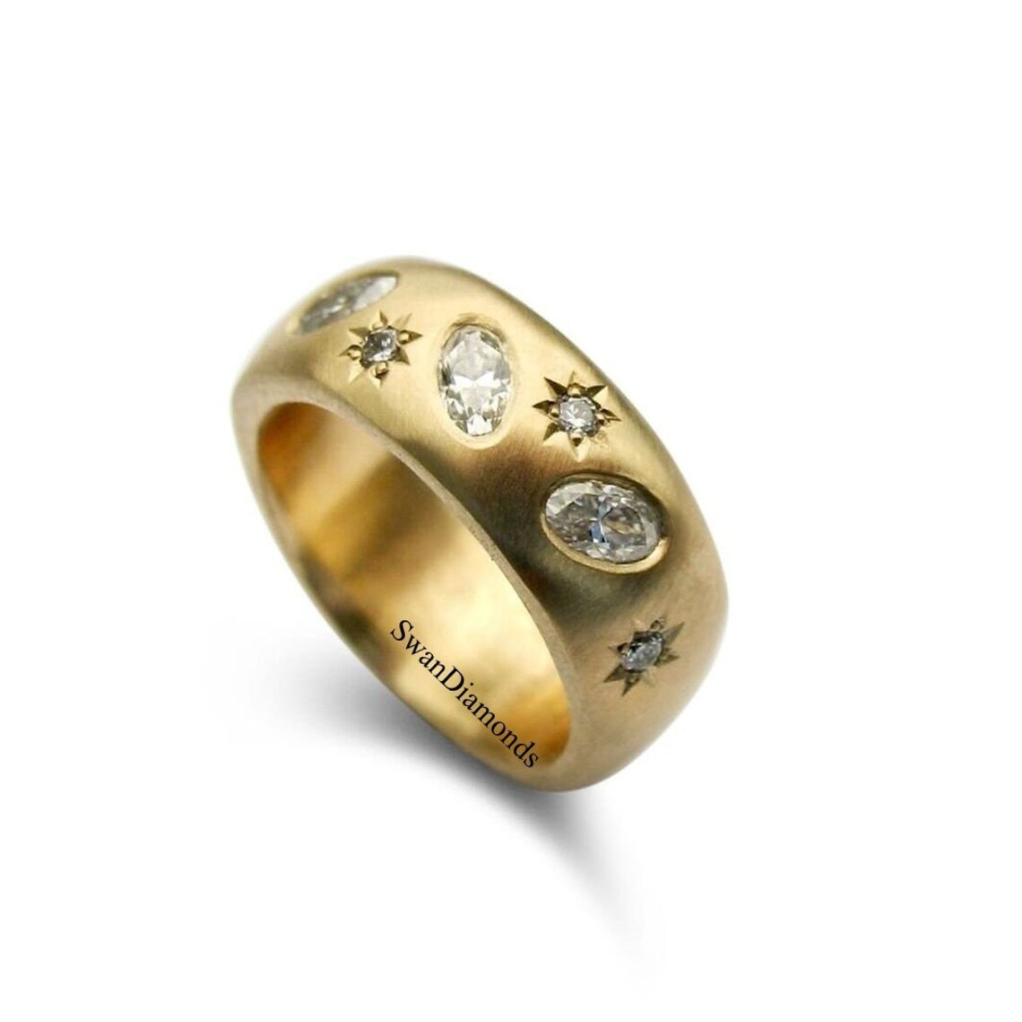 0.87 TCW Moissanite Wedding Band, Flush Set Oval Diamond and Starburst ...