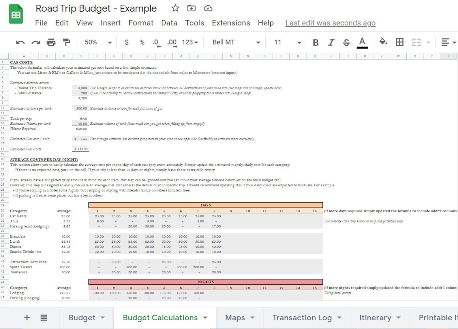 Road Trip Budget & Itinerary Planner | Instant Download | Google Sheets ...