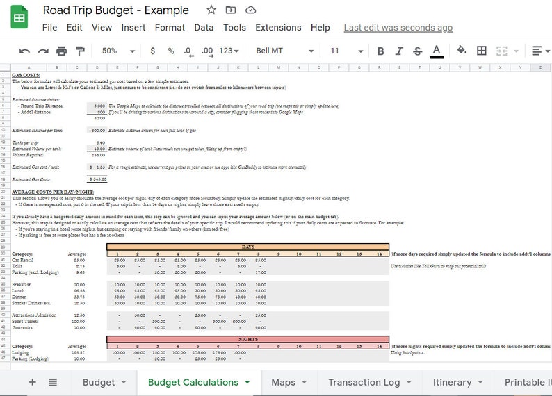 Road Trip Budget & Itinerary Planner | Instant Download | Google Sheets ...