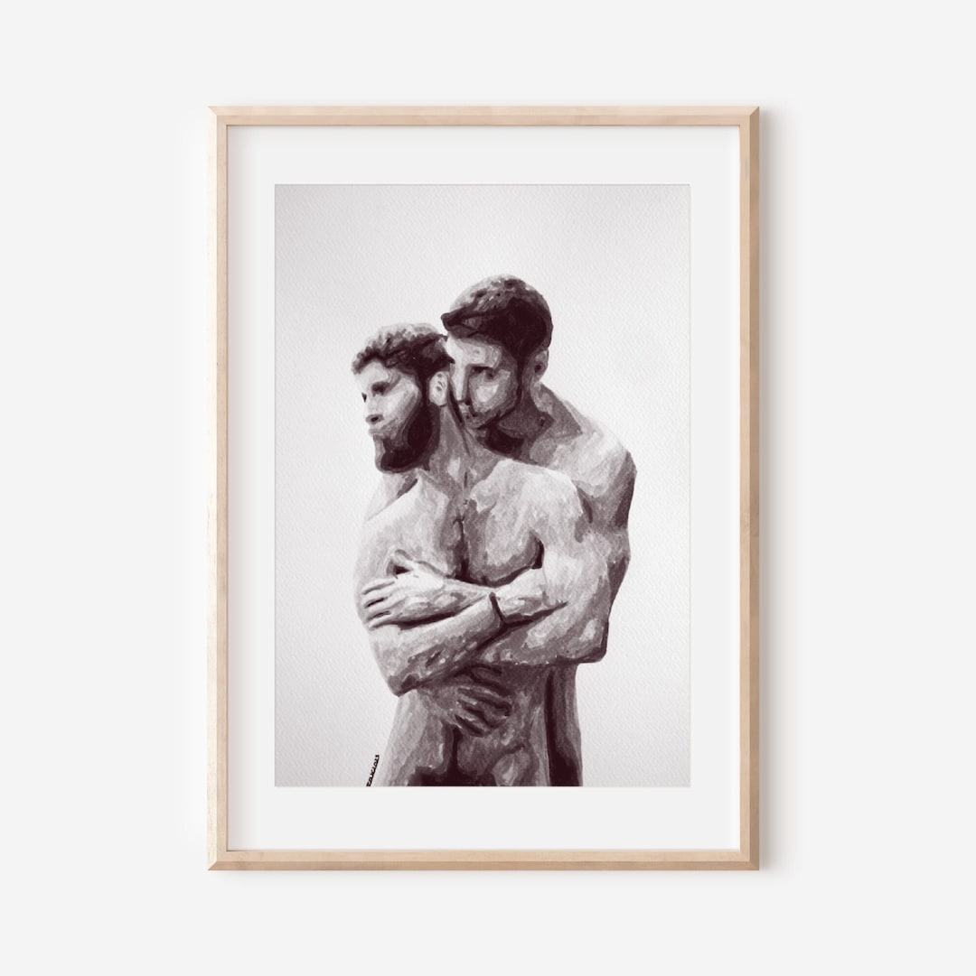 Gay Couple Watercolor Art Print Nude Male Hugging Same Sex T Love Is