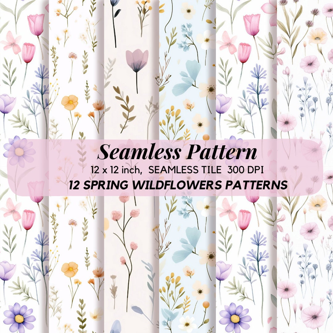12 Spring Wildflowers Patterns, Floral Digital Paper, Wildflower ...