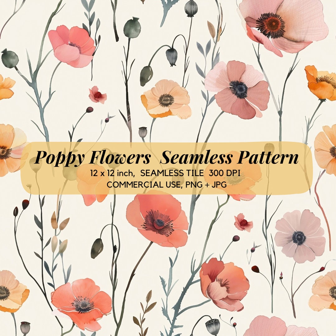 Poppy Flowers Pattern, Seamless Poppy Flower Patterns, Boho Floral ...
