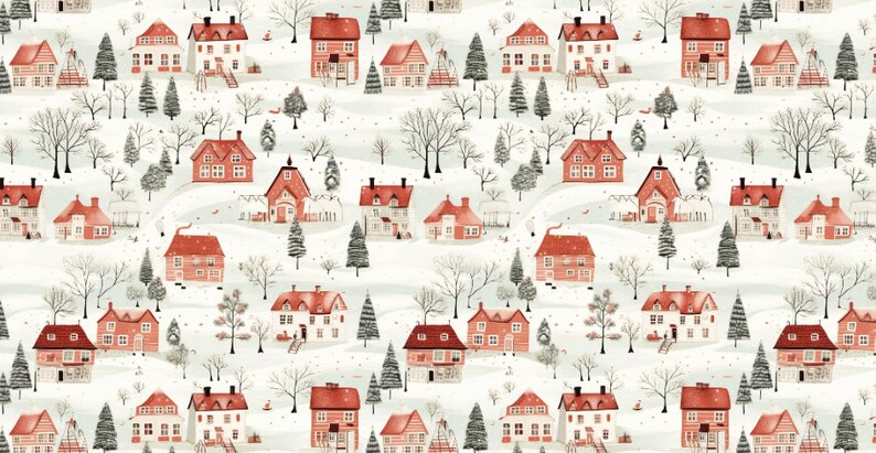 Vintage Winter Village Seamless Pattern for Commercial Use, Christmas ...