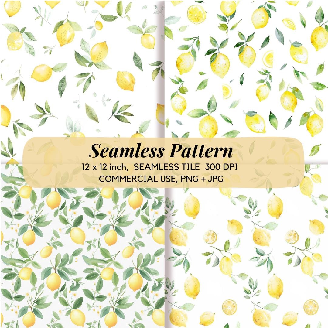 Set of 5 Watercolor Lemons Seamless Patterns, Lemon Digital Paper ...