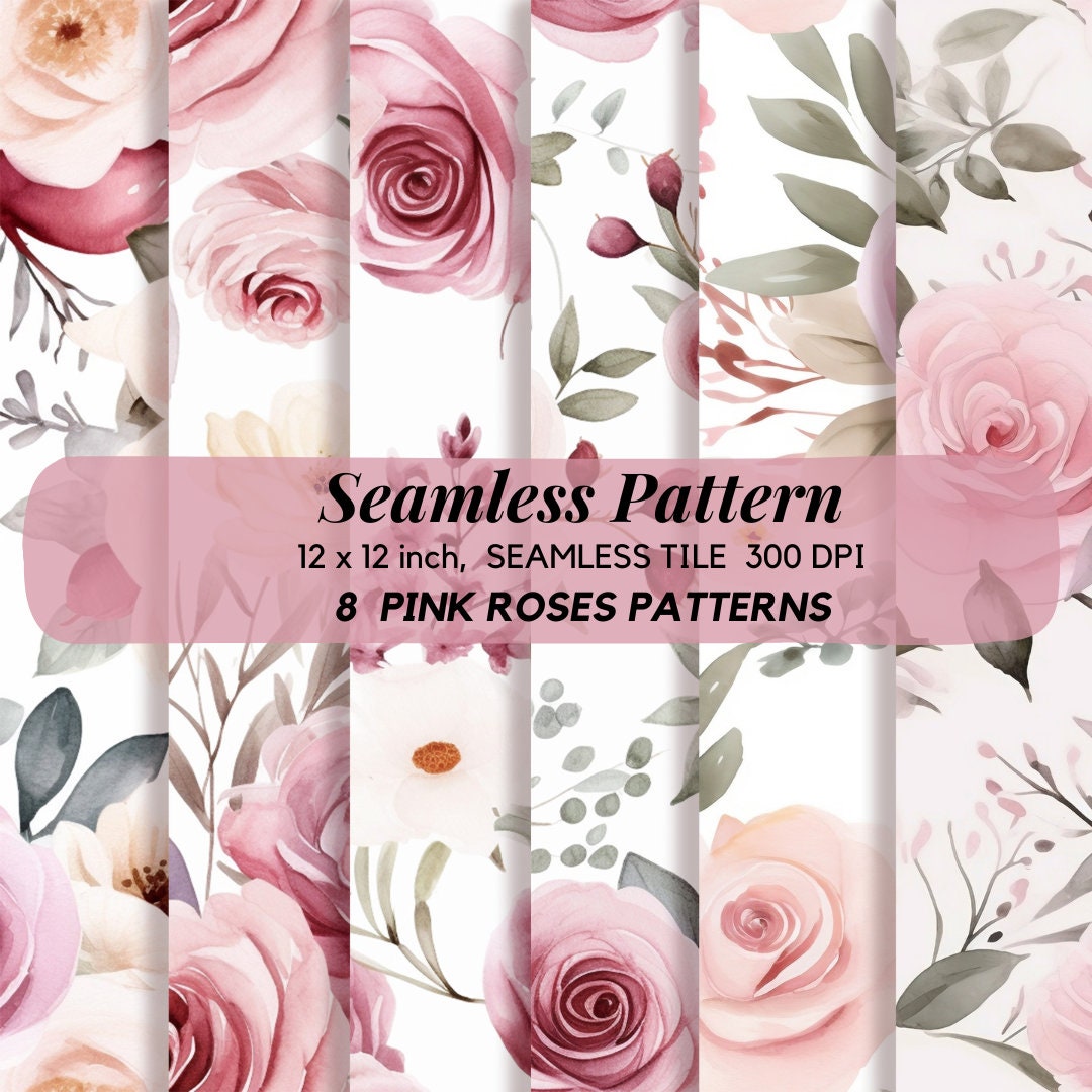 8 Seamless Boho Roses Patterns, Dusty Pink Roses Digital Paper, Floral ...