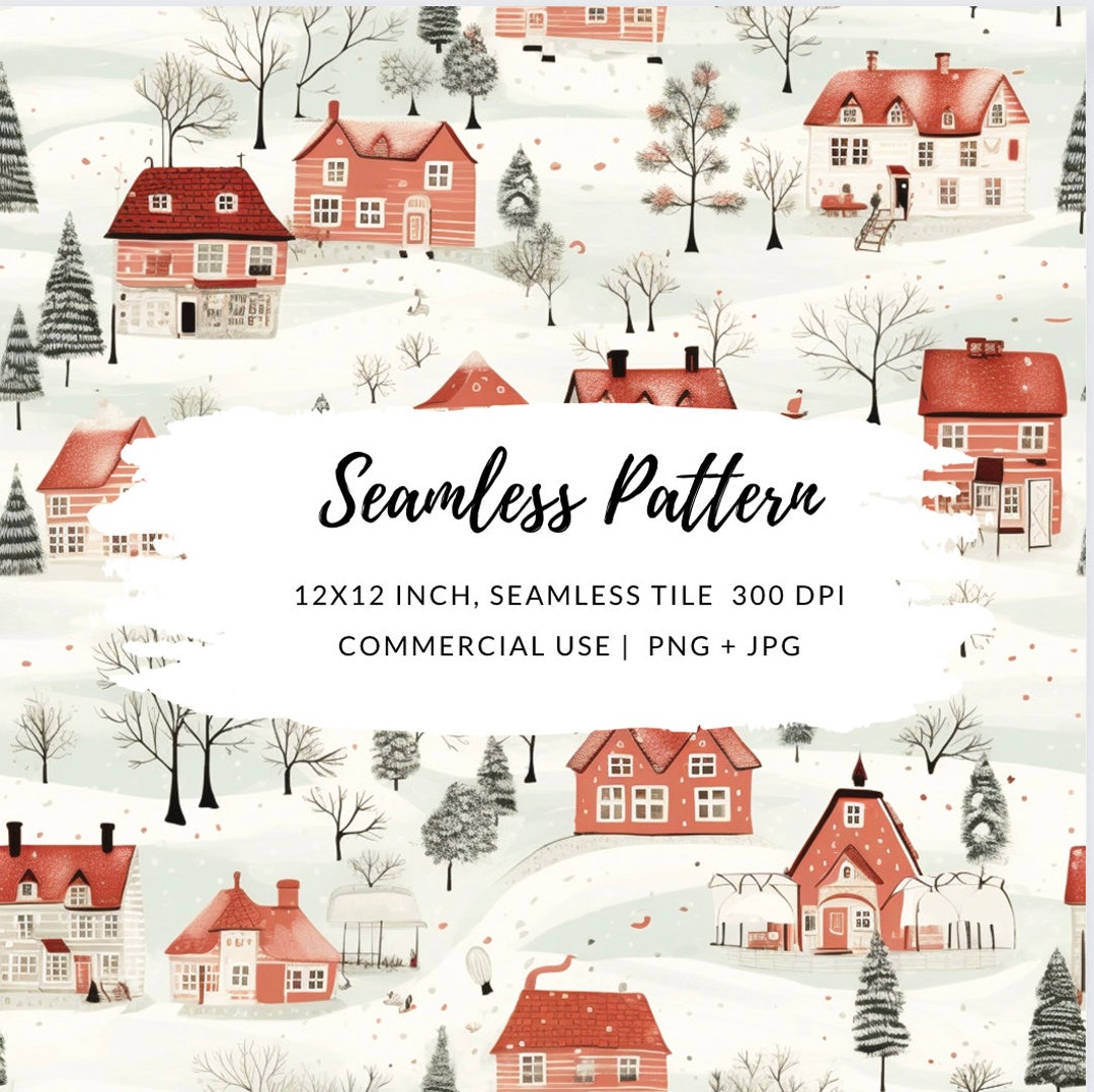 Vintage Winter Village Seamless Pattern for Commercial Use, Christmas ...