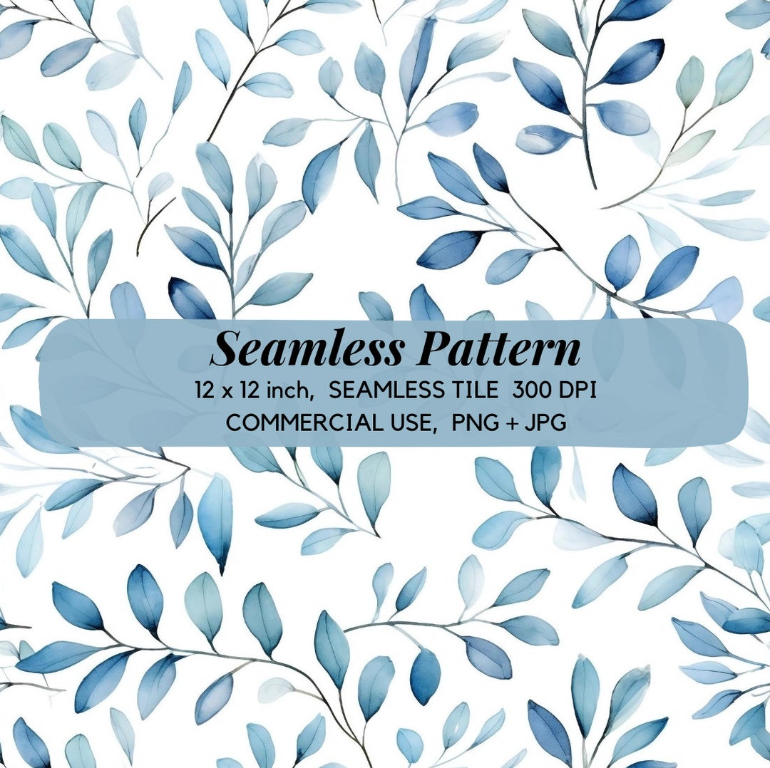 Dusty Blue Leaves Seamless Pattern, Trendy Pattern, Watercolor Digital ...