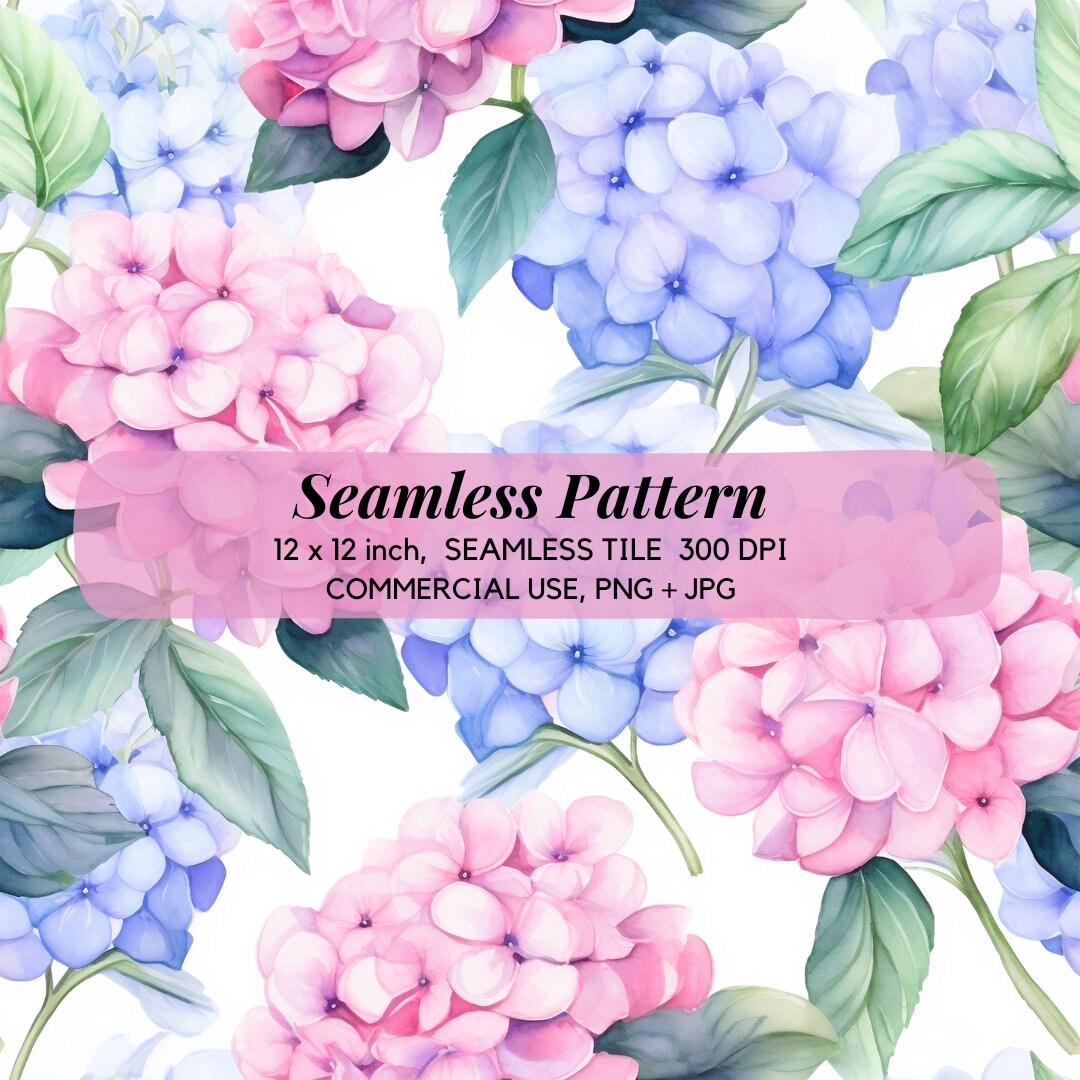 Watercolor Pink and Blue Hydrangea Seamless Pattern, Hortensia Flowers ...