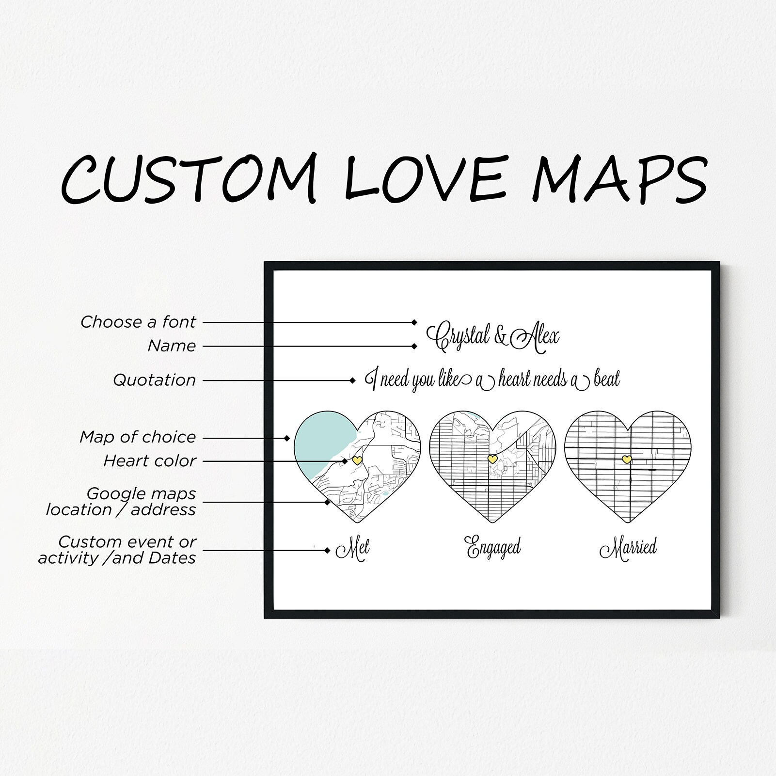 CUSTOM LOVE MAPS- Hello, Will You, I Do, Art Print - 3 Heart Map - Love ...