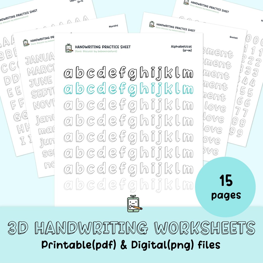 3D Handwriting Practice Sheets: Printable Alphabet Worksheets (PDF ...