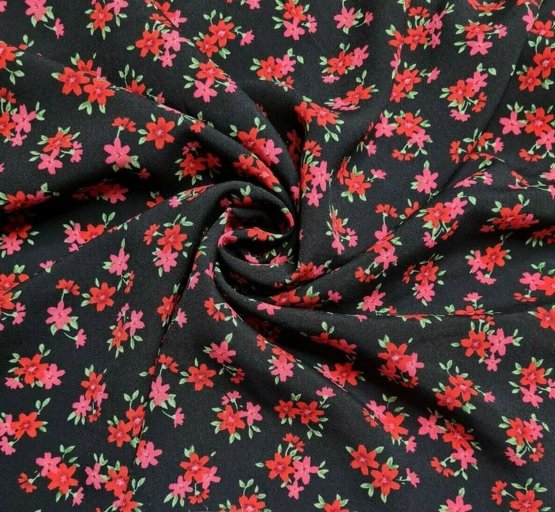 Crepe Stoff Kleine Rot Rosa Blumen Gedruckt Schwarz Farbe 55Breit ...