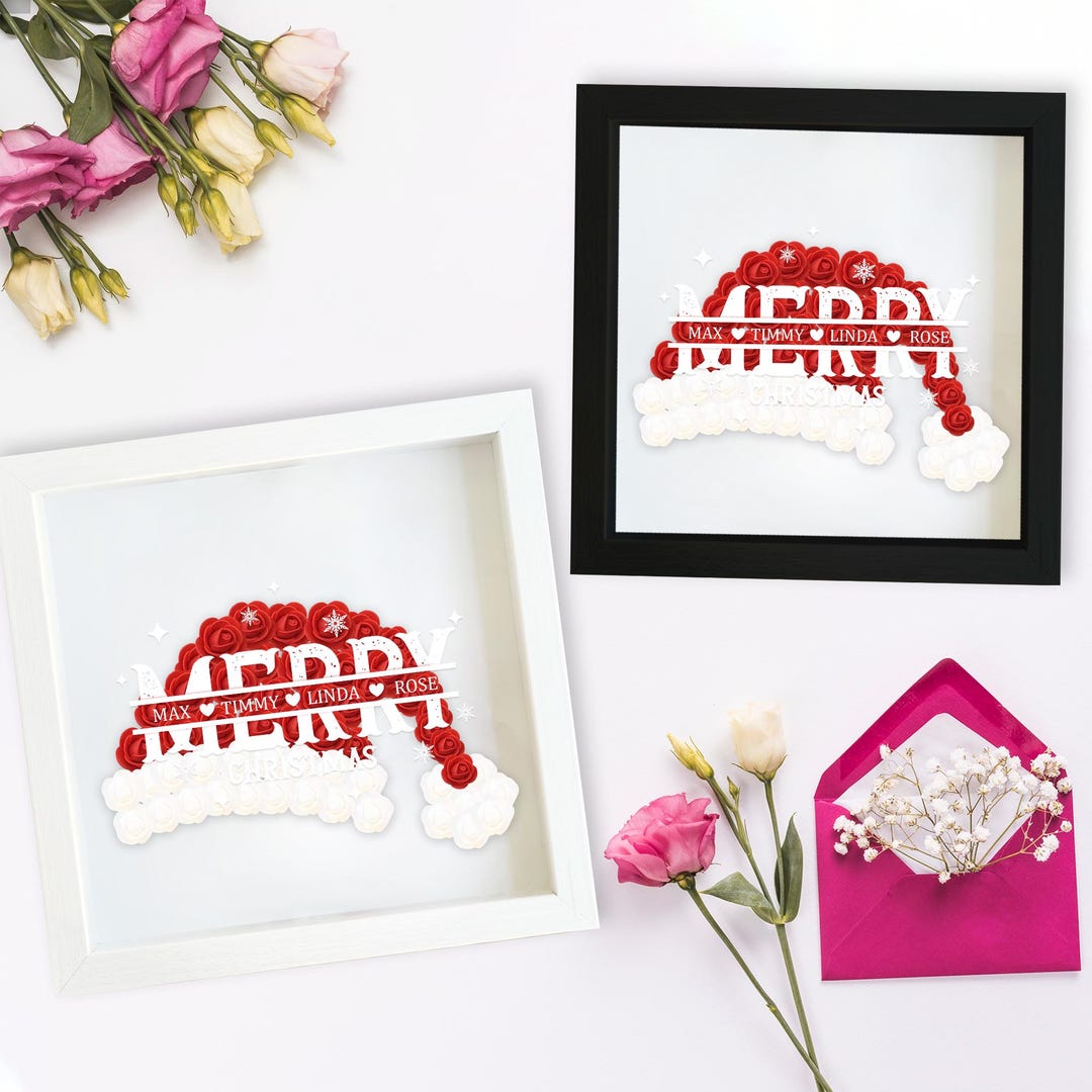 Flower Santa Hat Shadow Box, Roses Shadowbox With Custom Names, Custom ...