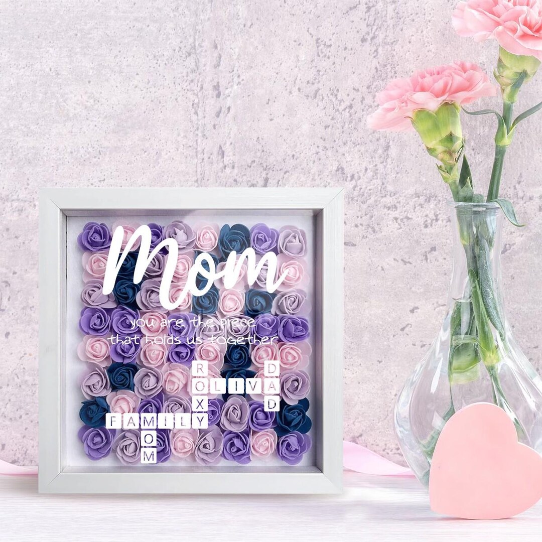 Flower Heart Shadow Box for Mom, Puzzle Name Shadowbox With Custom ...