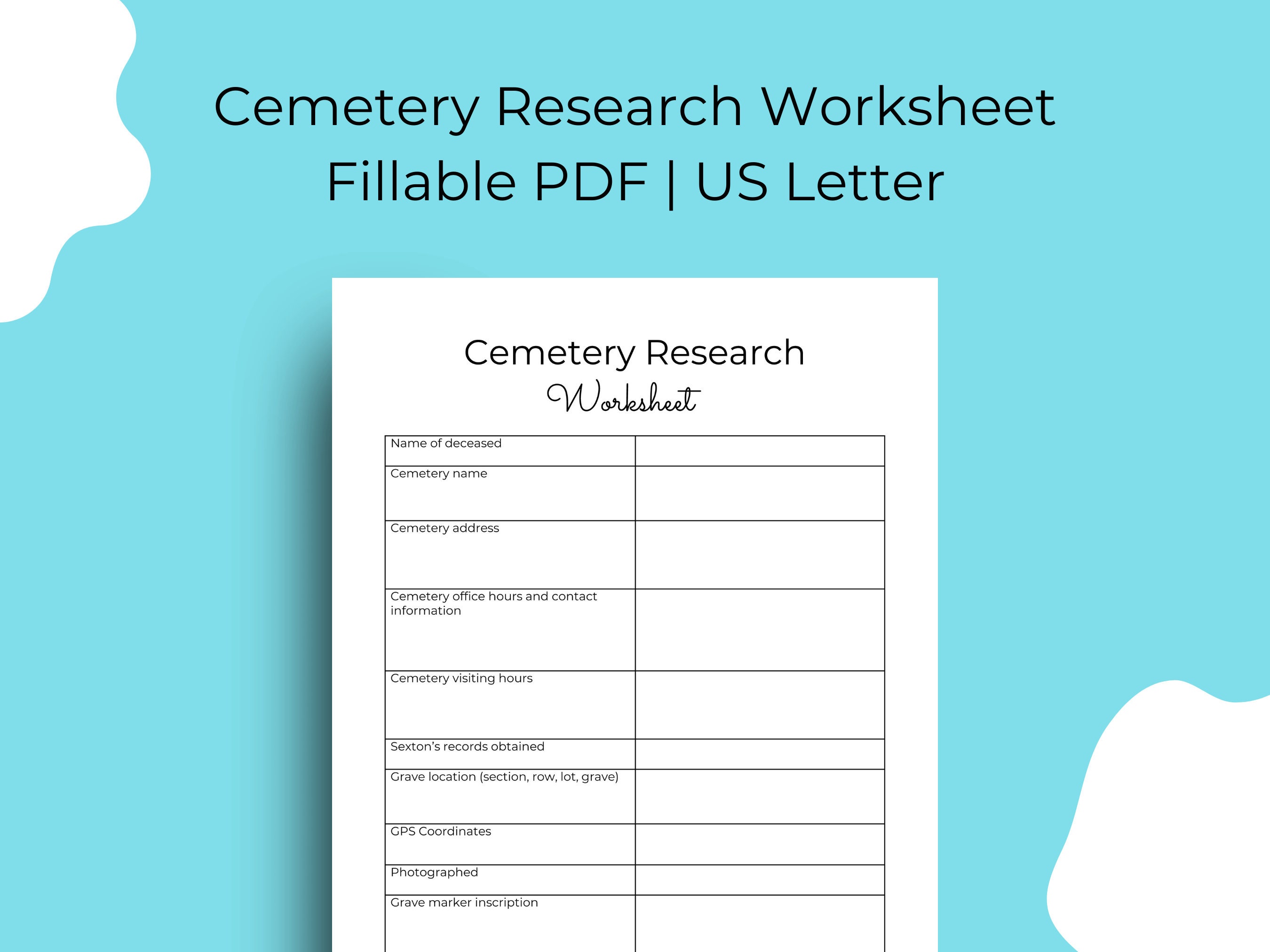 Cemetery Research Worksheet | Genealogy Printables | Fillable | Digital ...