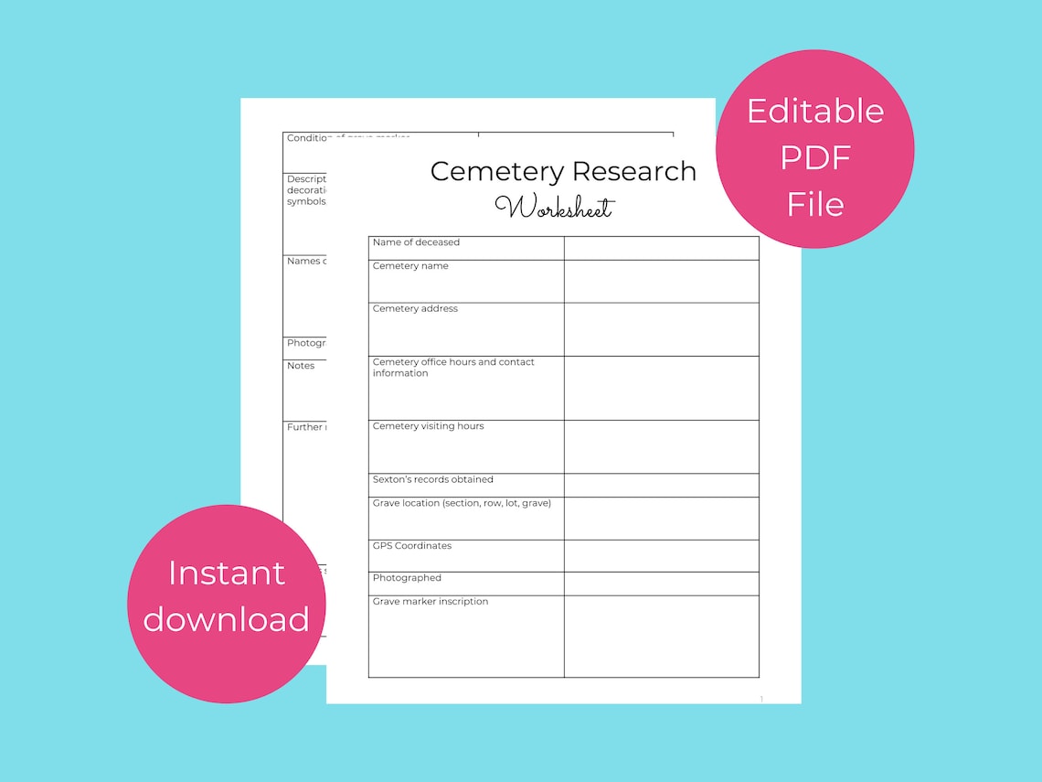 Cemetery Research Worksheet | Genealogy Printables | Fillable | Digital ...