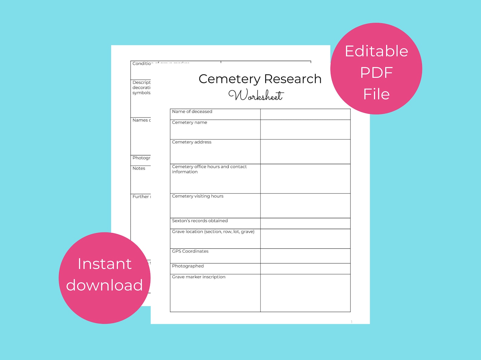 Cemetery Research Worksheet | Genealogy Printables | Fillable | Digital ...
