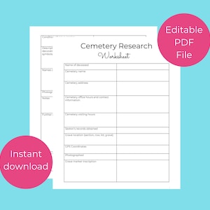 Cemetery Research Worksheet | Genealogy Printables | Fillable | Digital ...