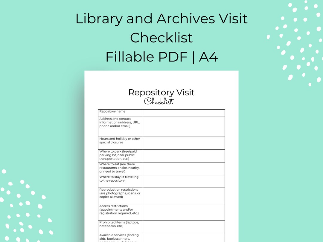 Library and Archives Visit Checklist | Genealogy Printables | Fillable ...