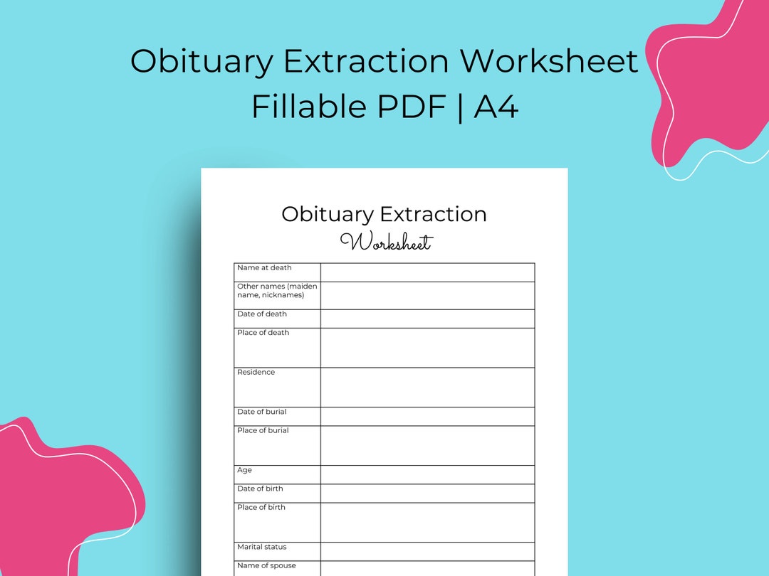 Obituary Research Worksheet | Genealogy Printables | Fillable | Digital ...