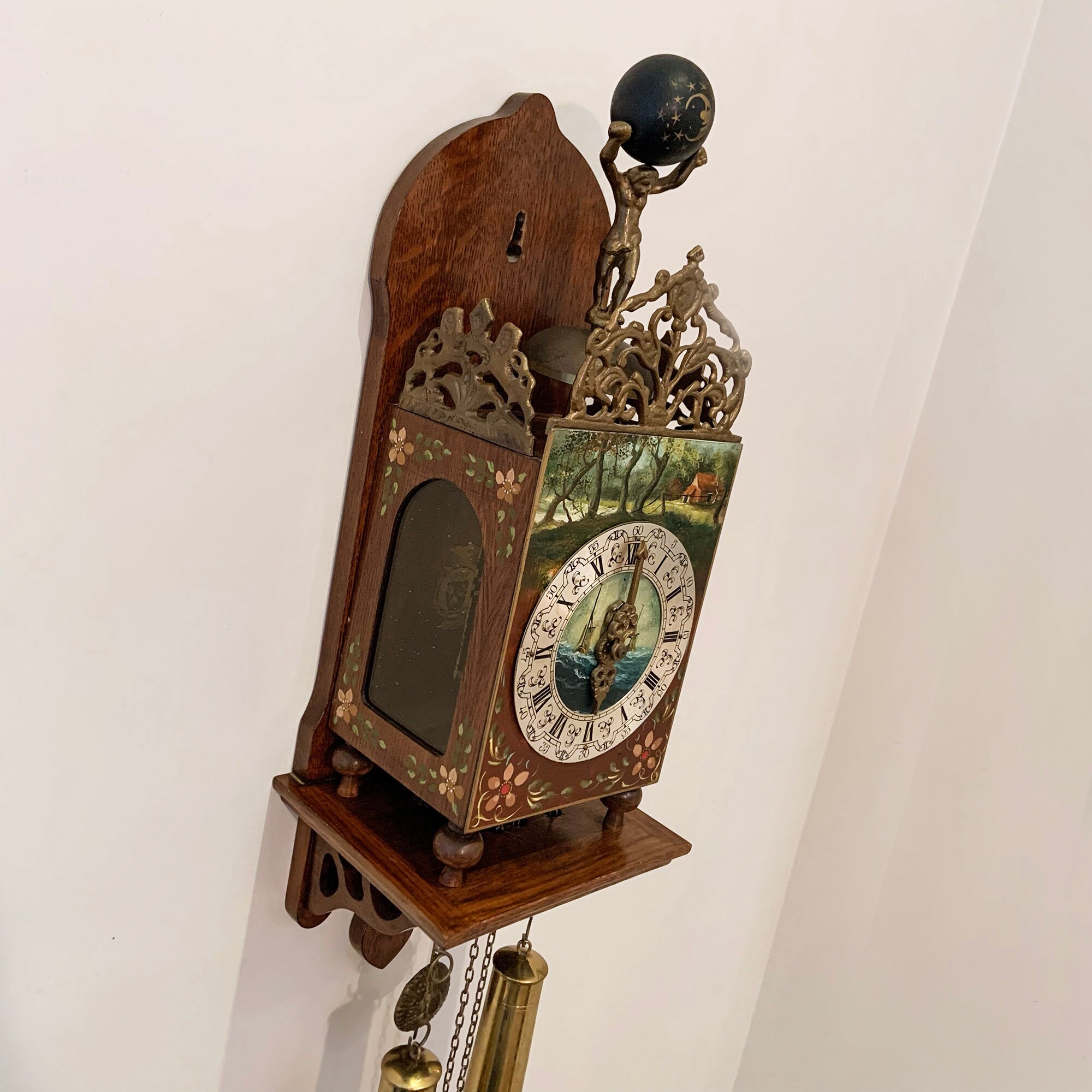 Vintage Weight-driven Hand Painted Dutch Wood Wall Clock W/ Brass ...