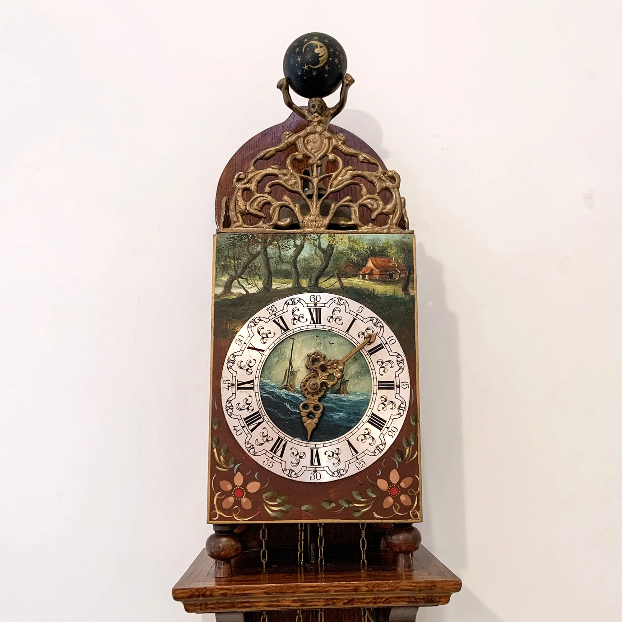 Vintage Weight-driven Hand Painted Dutch Wood Wall Clock W/ Brass ...