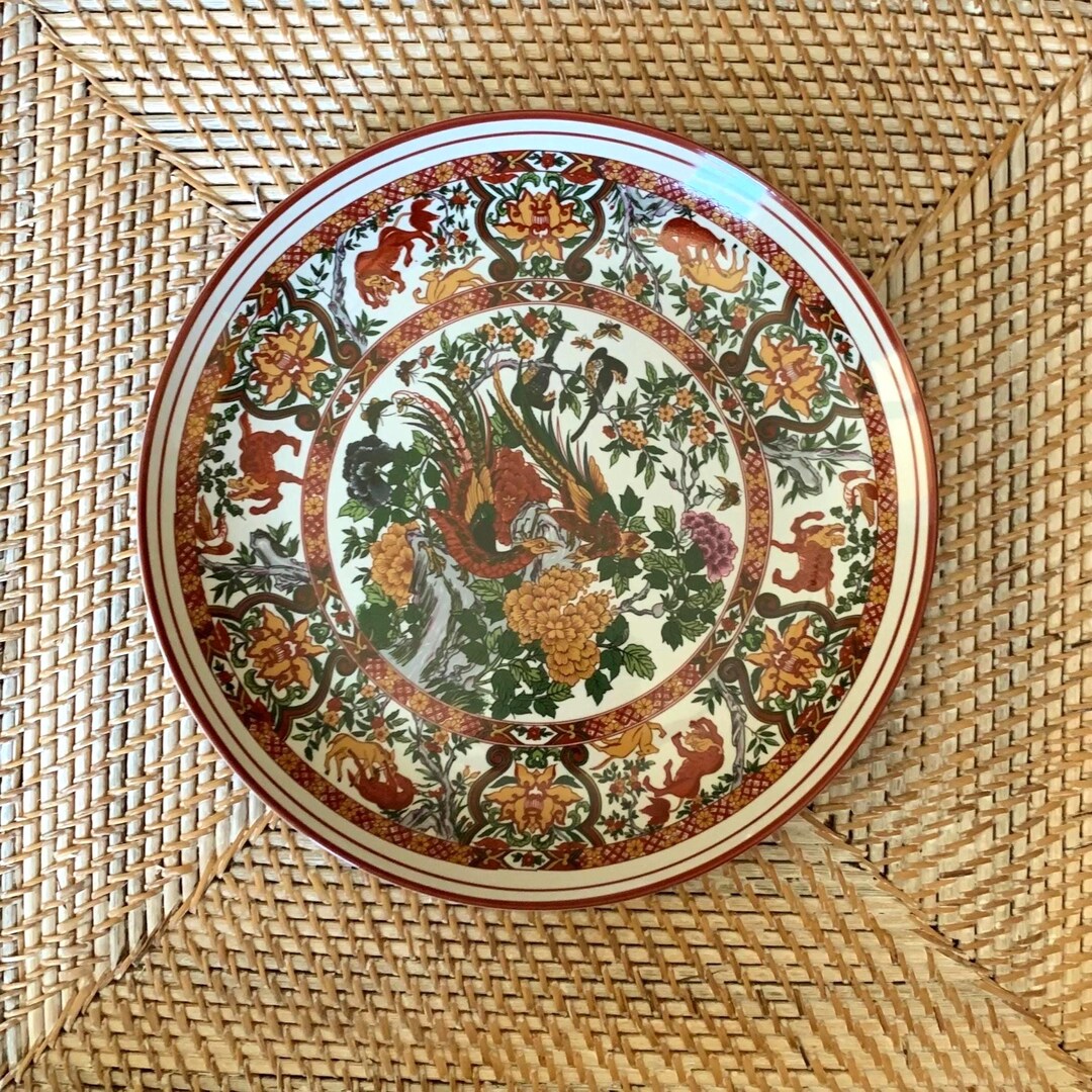 ASIAN Style 9.5" Decorative Plate – PHOENIX & FLORAL Motif, Red and ...